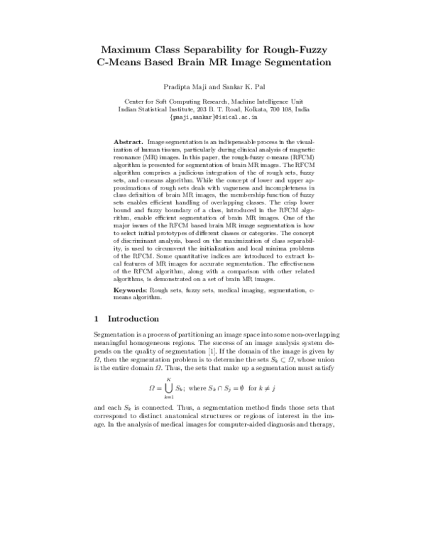 (PDF) Maximum Class Separability for Rough-Fuzzy C-Means Based Brain MR Image Segmentation