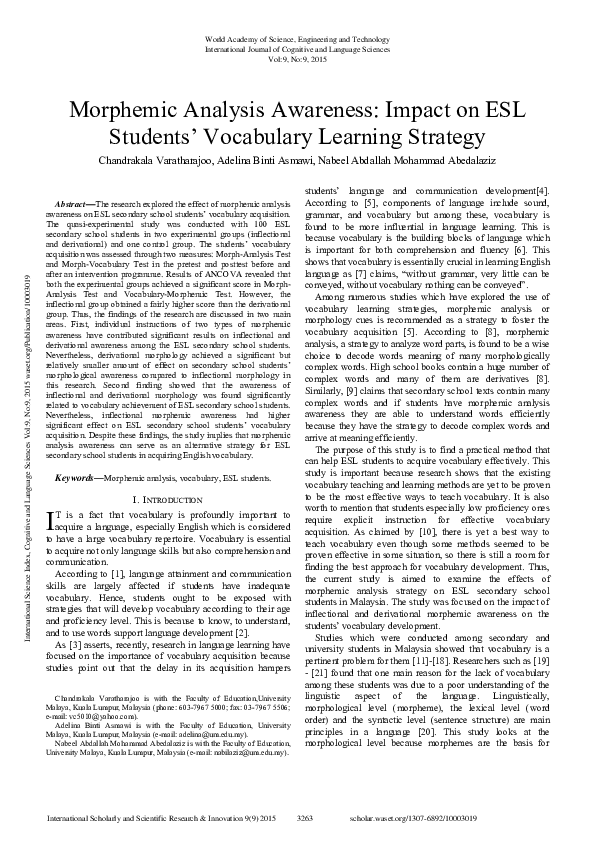 (PDF) Morphemic Analysis Awareness: Impact On Esl Students' Vocabulary ...