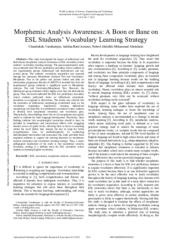 (PDF) Morphemic Analysis Awareness: A Boon Or Bane On Esl Students ...