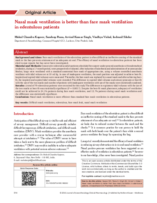 (PDF) Nasal mask ventilation is better than face mask ventilation in ...
