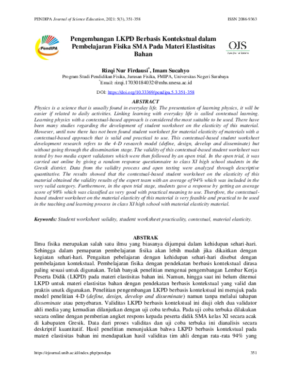 (PDF) Pengembangan LKPD Berbasis Kontekstual dalam Pembelajaran Fisika SMA Pada Materi ...