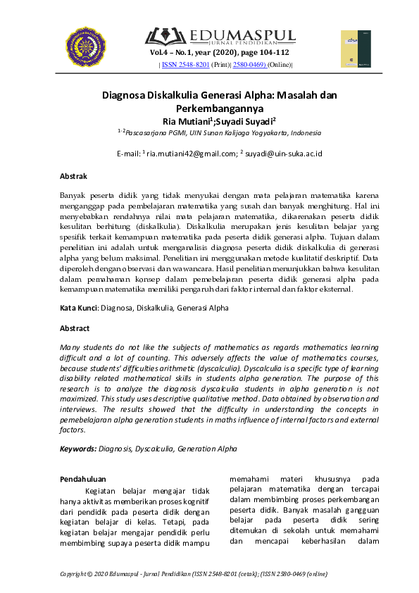 (PDF) Diagnosa Diskalkulia Generasi Alpha: Masalah dan Perkembangannya ...