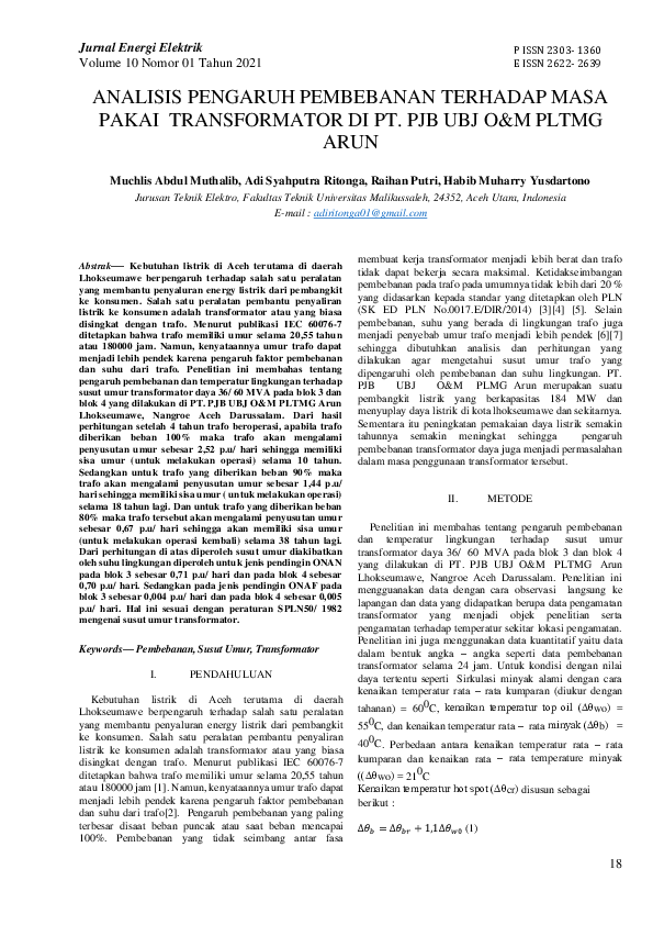 (PDF) Analis Pengaruh Pembebanan Terhadap Masa Pakai Transformator di ...