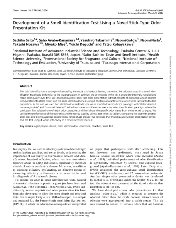 (PDF) Development of a Smell Identification Test Using a Novel Stick ...