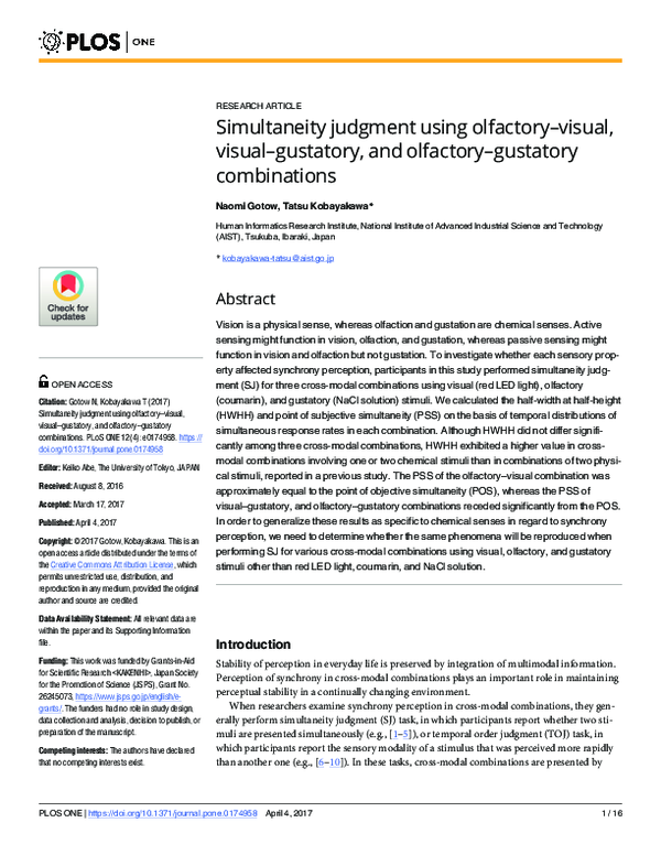 Pdf Simultaneity Judgment Using Olfactoryvisual Visualgustatory And Olfactorygustatory