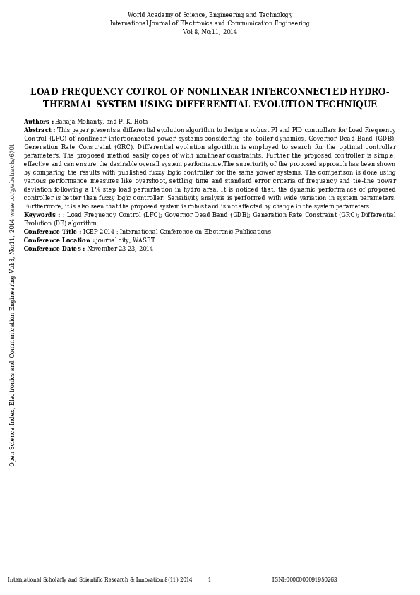 (PDF) Load Frequency Cotrol of Nonlinear Interconnected Hydro-Thermal System Using Differential ...