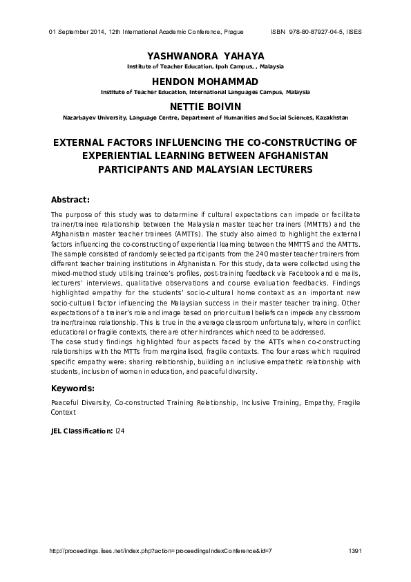 (PDF) EXTERNAL FACTORS INFLUENCING THE CO-CONSTRUCTING OF EXPERIENTIAL ...