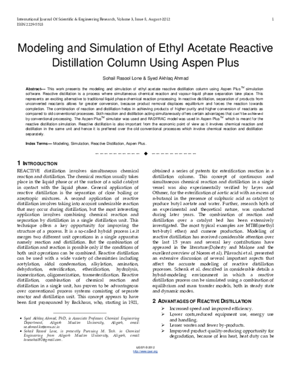 Pdf Modeling And Simulation Of Ethyl Acetate Reactive Distillation Column Using Aspen Plus