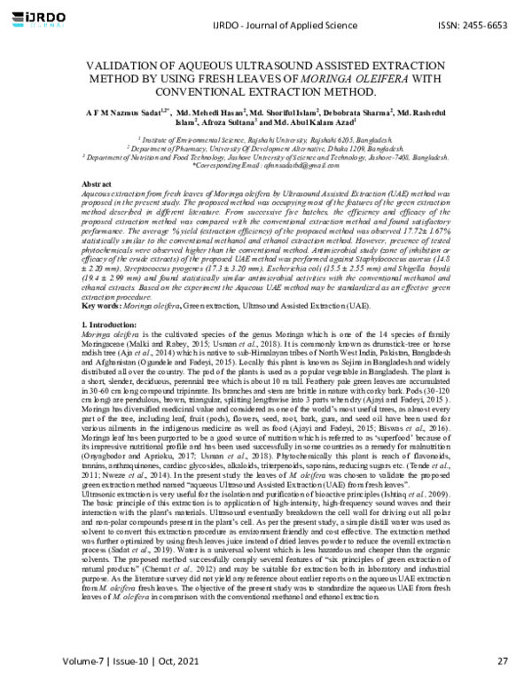 (PDF) Validation of Aqueous Ultrasound Assisted Extraction Method by ...