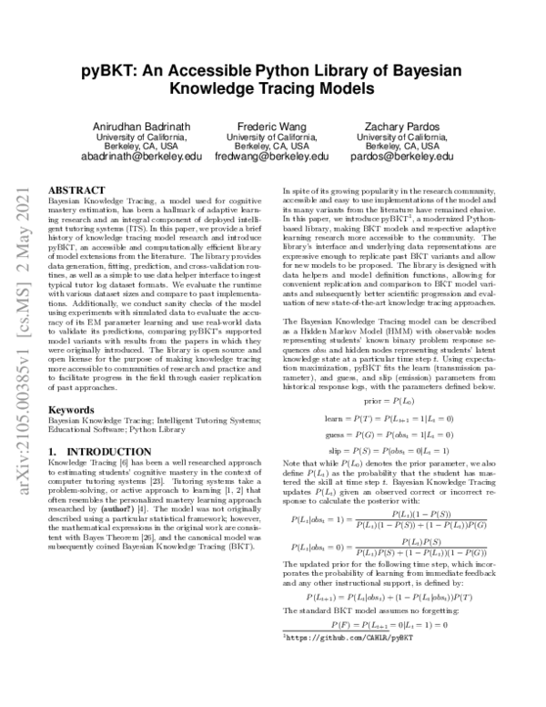 (PDF) pyBKT: An Accessible Python Library of Bayesian Knowledge Tracing Models