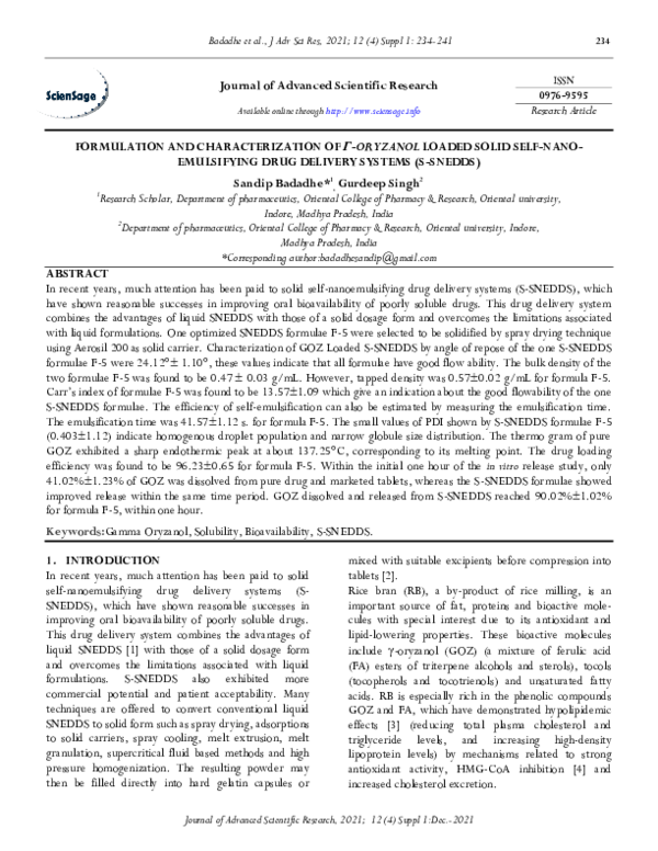 (PDF) Formulation and Characterization of Γ-Oryzanol Loaded Solid Self ...