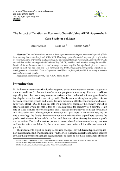(PDF) The Impact of Taxation on Economic Growth Using ARDL Approach: A Case Study of Pakistan