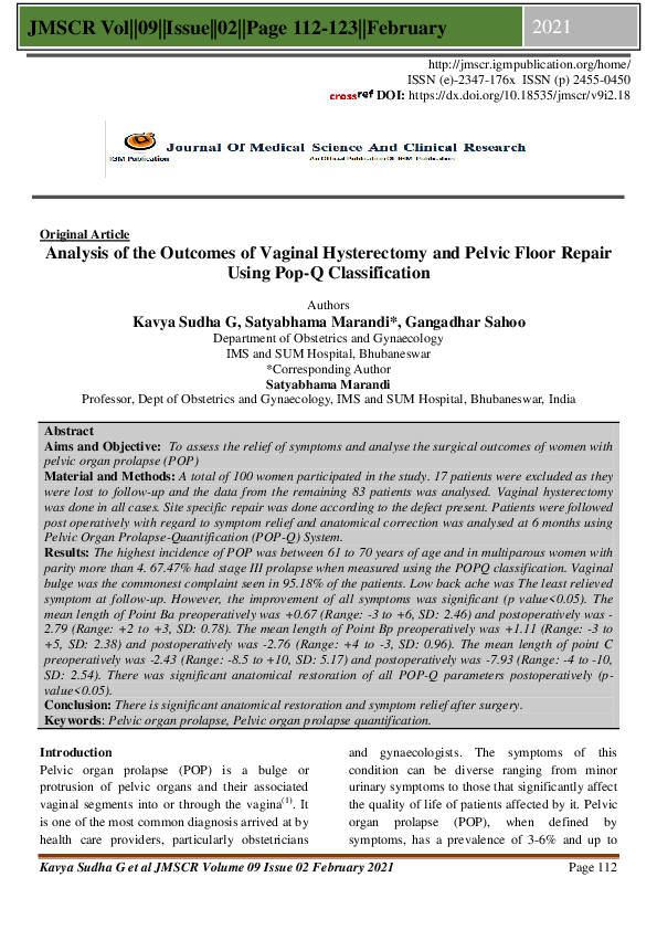 (PDF) Analysis of the Outcomes of Vaginal Hysterectomy and Pelvic Floor ...
