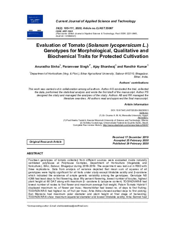(PDF) Evaluation of Tomato (Solanum lycopersicum L.) Genotypes for Morphological, Qualitative ...