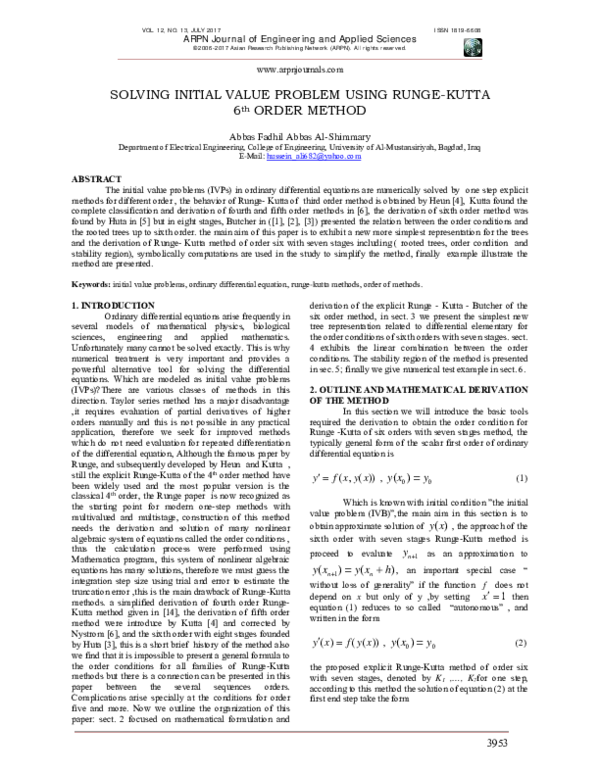 (PDF) SOLVING INITIAL VALUE PROBLEM USING RUNGE-KUTTA 6 th ORDER METHOD