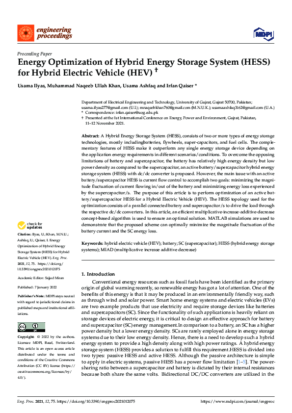 (PDF) Energy Optimization of Hybrid Energy Storage System (HESS) for ...