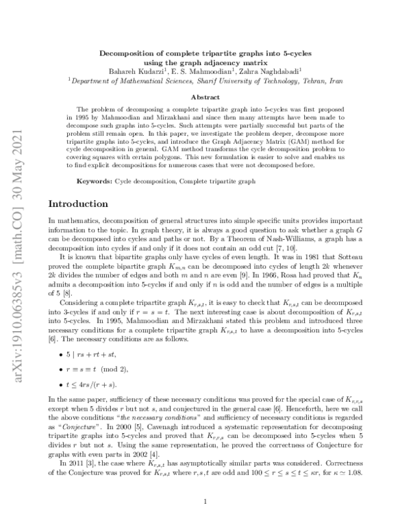 Pdf Decomposition Of Complete Tripartite Graphs Into 5 Cycles Using The Graph Adjacency Matrix