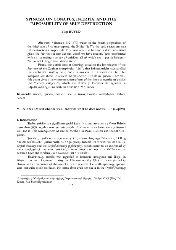 (PDF) Spinoza on Conatus Inertia and the Impossibility of Self Destruction