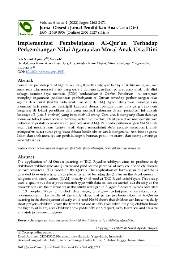 (PDF) Implementasi Pembelajaran Al-Qur’an Terhadap Perkembangan Nilai Agama dan Moral Anak Usia Dini
