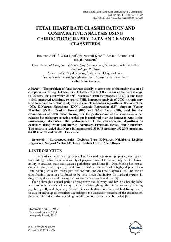Pdf Fetal Heart Rate Classification And Comparative Analysis Using Cardiotocography Data And 