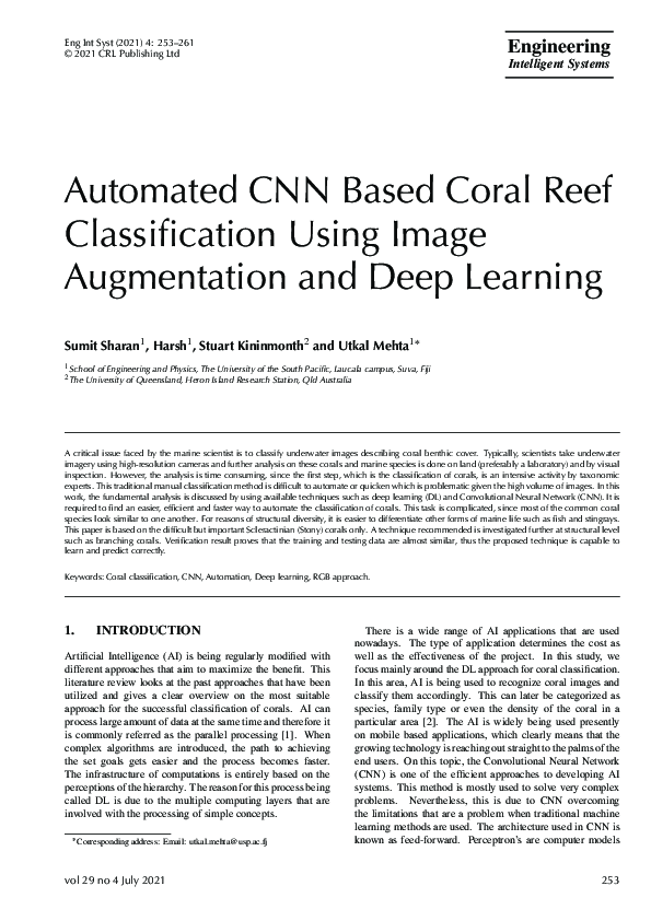 Pdf Automated Cnn Based Coral Reef Classification Using Image Augmentation And Deep Learning