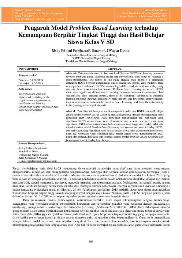 (PDF) Pengaruh Model Problem Based Learning terhadap Kemampuan Berpikir Tingkat Tinggi dan Hasil ...