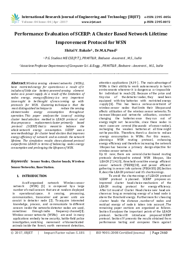 Pdf Performance Evaluation Of Scerp A Cluster Based Network Lifetime Improvement Protocol For Wsn