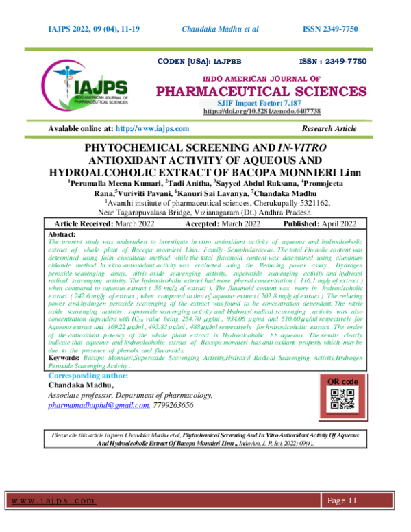 (PDF) PHYTOCHEMICAL SCREENING AND IN-VITRO ANTIOXIDANT ACTIVITY OF AQUEOUS AND HYDROALCOHOLIC ...
