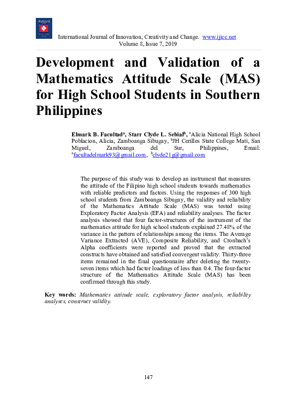 (PDF) Development and Validation of the Mathematics Attitude Scale (MAS) for High School ...