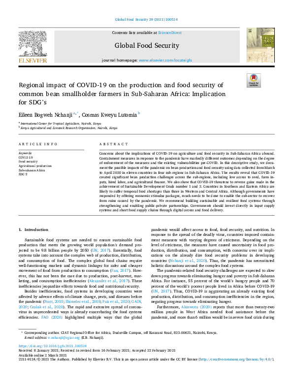 (PDF) Regional impact of COVID-19 on the production and food security of common bean smallholder ...