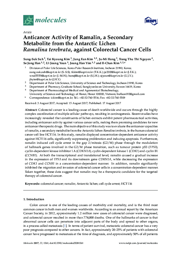 (PDF) Anticancer Activity of Ramalin, a Secondary Metabolite from the ...