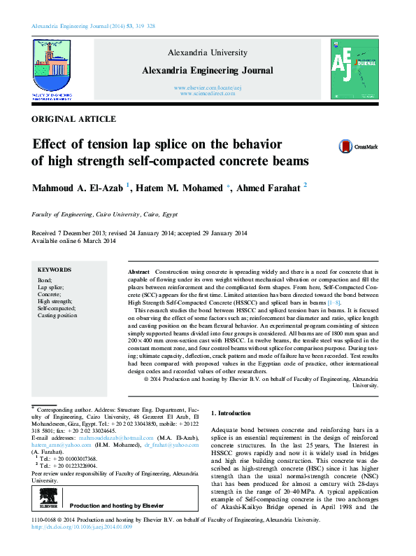 (PDF) Effect of tension lap splice on the behavior of high strength ...
