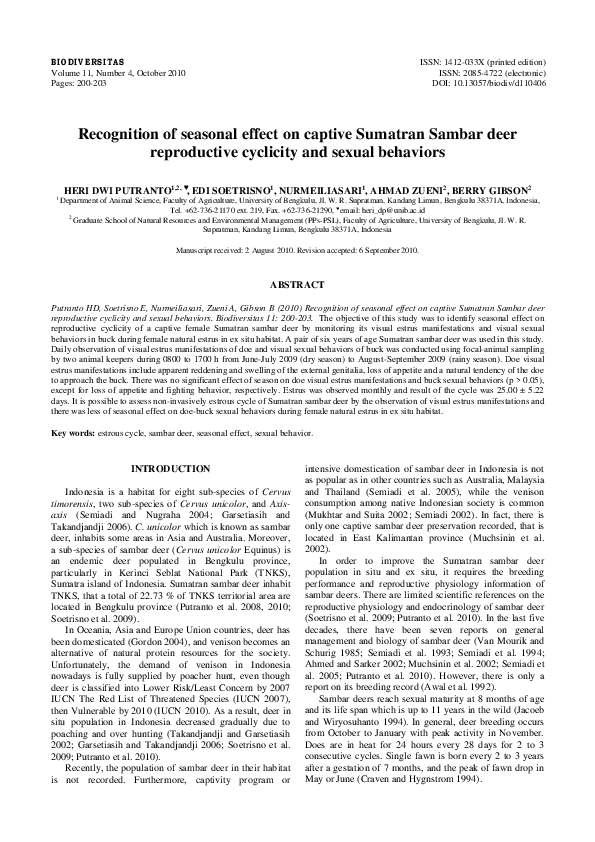 (PDF) Recognition of seasonal effect on captive Sumatran Sambar deer ...