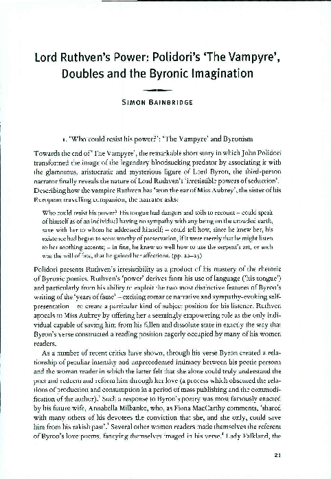 (PDF) Lord Ruthven's Power: Polidori's 'The Vampyre', Doubles and the ...