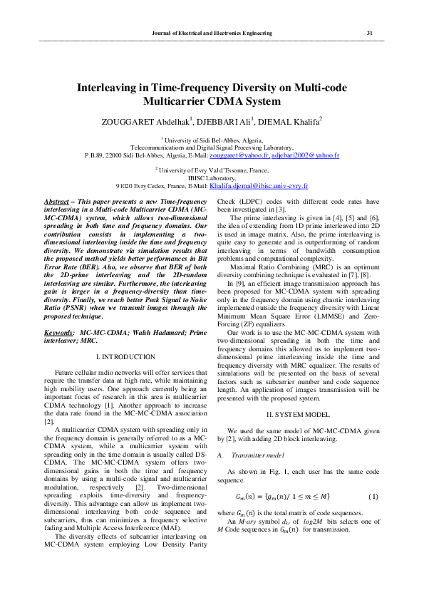 (PDF) Interleaving in Time-frequency Diversity on Multi-code Multicarrier CDMA System