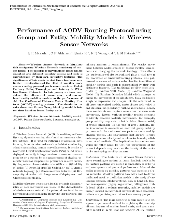 Pdf Performance Of Aodv Routing Protocol Using Group And Entity Mobility Models In Wireless