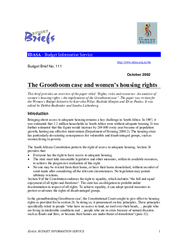 (PDF) The Grootboom case and women's housing rights