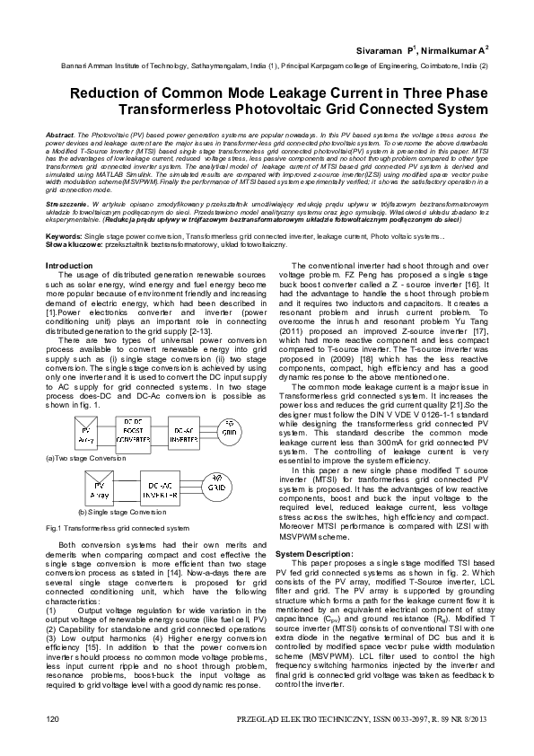 Pdf Reduction Of Common Mode Leakage Current In Three Phase Transformerless Photovoltaic Grid