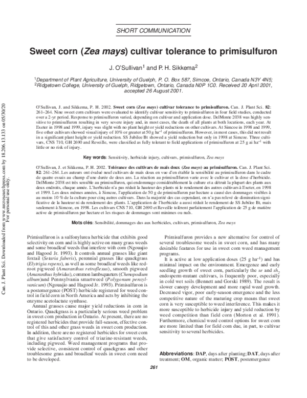 (PDF) Sweet corn ( Zea mays ) cultivar tolerance to primisulfuron ...