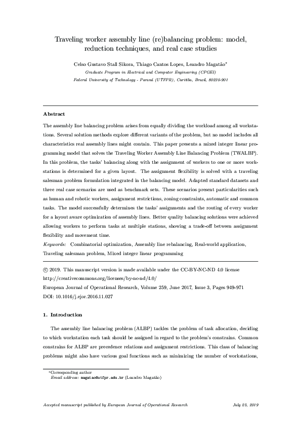 (PDF) Traveling worker assembly line (re)balancing problem: Model ...