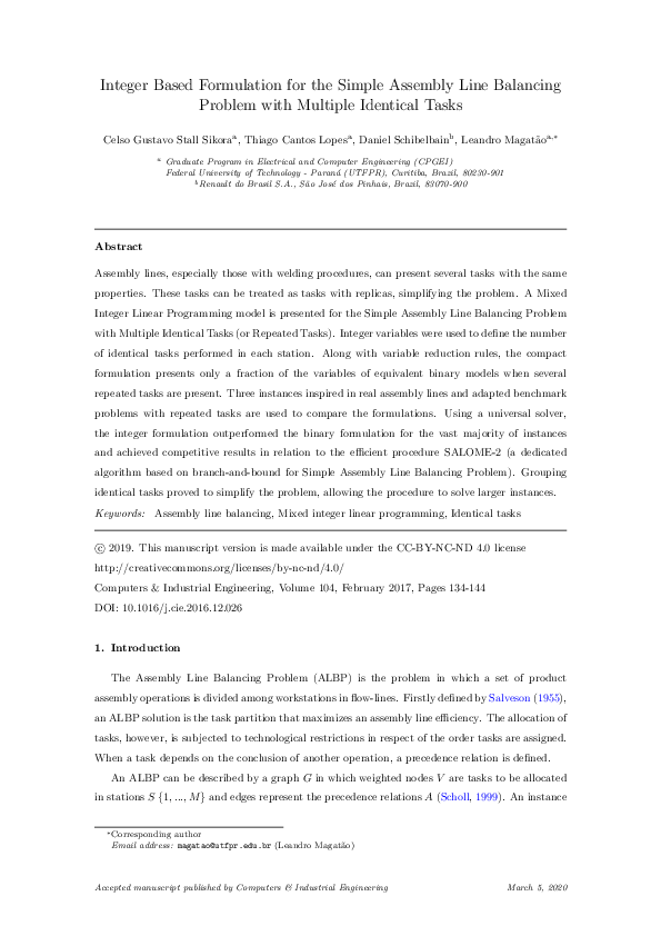(PDF) Integer based formulation for the simple assembly line balancing problem with multiple ...