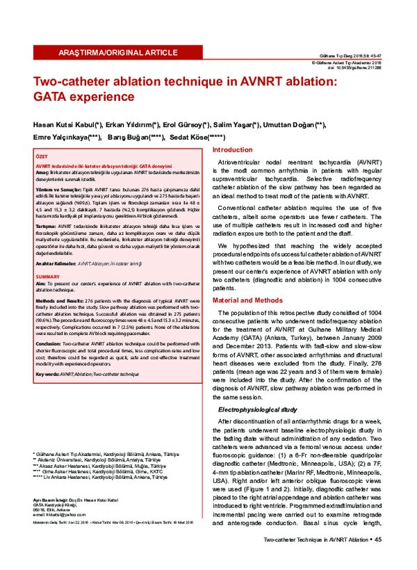 (PDF) Two-catheter Ablation Technique in AVNRT Ablation: GATA Experience