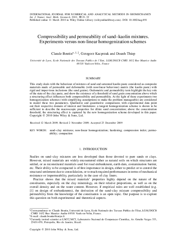 (PDF) Compressibility and permeability of sand-kaolin mixtures. Experiments versus non-linear ...