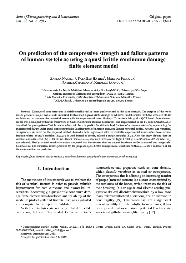 (PDF) On prediction of the compressive strength and failure patterns of human vertebrae using a ...