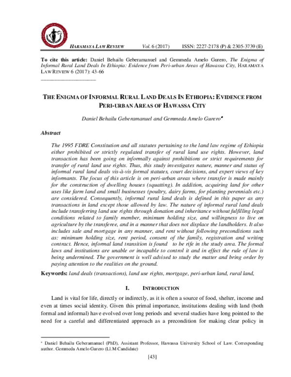 (PDF) The Enigma of Informal Rural Land Deals in Ethiopia: Evidence ...