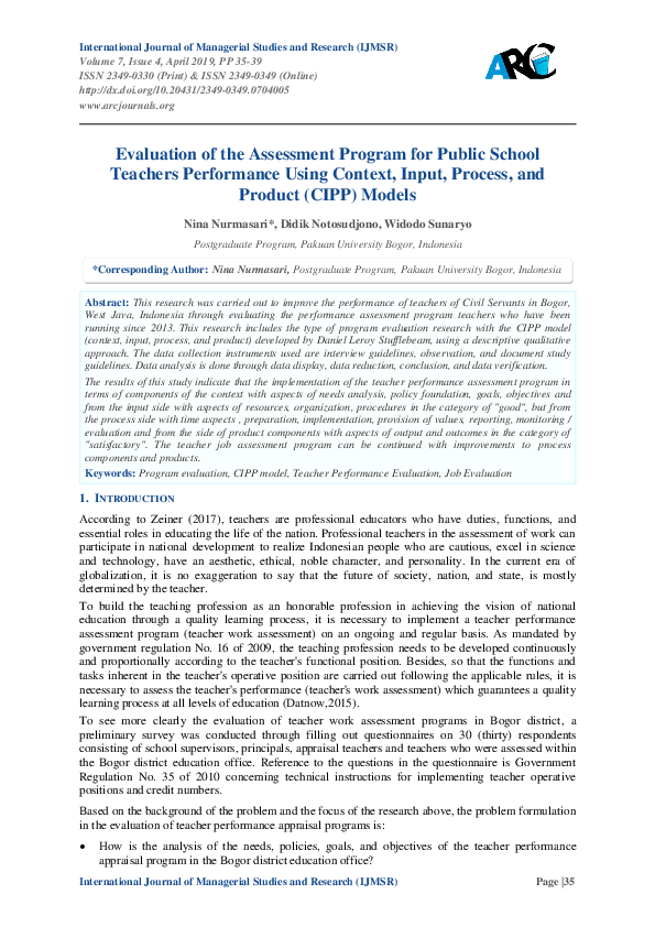 (PDF) Evaluation of the Assessment Program for Public School Teachers Performance Using Context ...