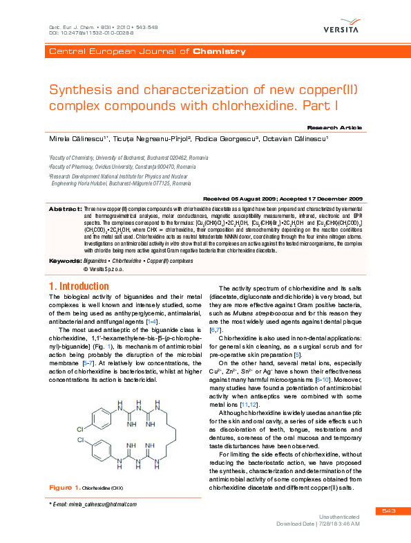 Pdf Synthesis And Characterization Of New Copper Ii Complex Compounds With Chlorhexidine Part I