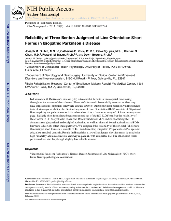 (PDF) Reliability of Three Benton Judgment of Line Orientation Short ...