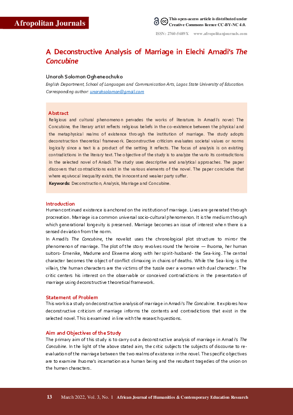 (PDF) A Deconstructive Analysis of Marriage in Elechi Amadi’s The Concubine
