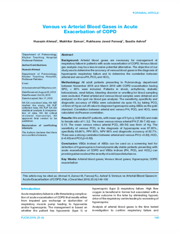 (PDF) Venous vs Arterial Blood Gases in Acute Exacerbation of COPD